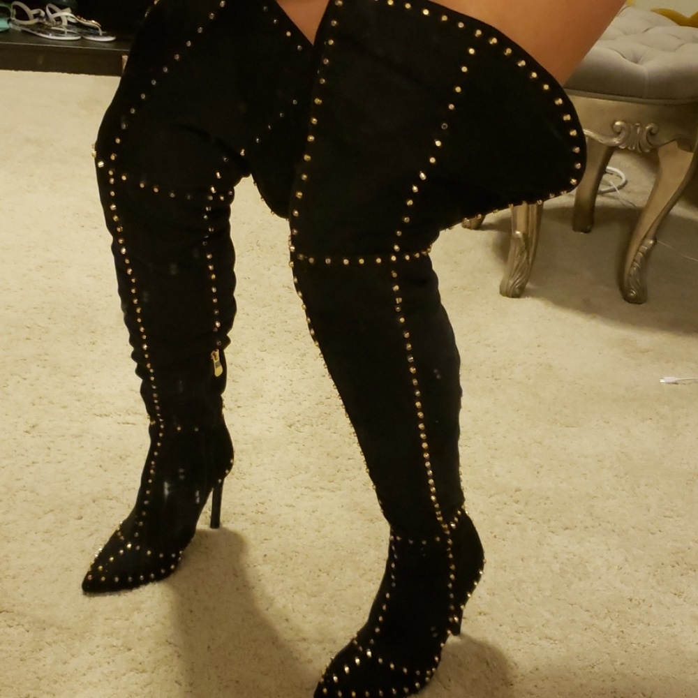 Black Suede Thigh High Boots With Gold Studs - Gem